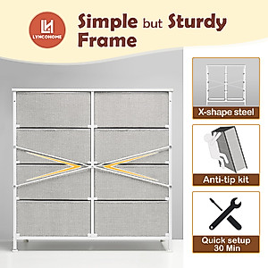 LYNCOHOME Dresser for Bedroom with 8 Drawers, Fabric Dresser for Baby Kids, Dresser Organizer, Sturdy Steel Frame, Lightweight and Movable Chest of Drawers, Snow Gray