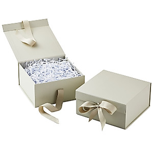 Hallmark Medium Gift Boxes with Bow and Shredded Paper Fill, Pack of 2 (Antique White 8 inch Box) for Weddings, Bridal Showers, Graduations, Birthdays, Bridesmaids Gifts, All Occasion