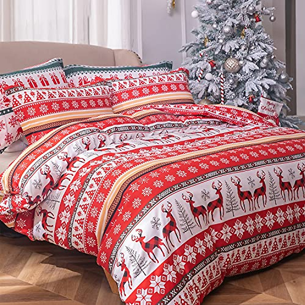 MILDLY Christmas Duvet Cover Set - 100% Brushed Microfiber Snowflake Reindeer Printed Winter Theme Comforter Cover Set