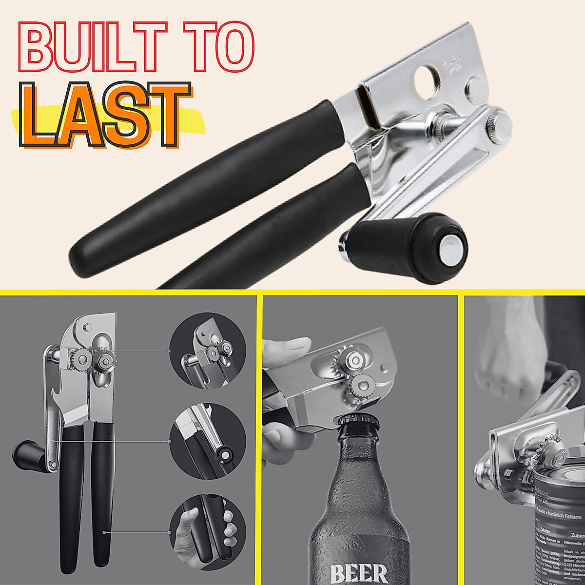 LUSAN STORE Crank Handle Commercial Can Opener - Heavy Duty Manual Can Opener with Ergonomic Cushioned Non-Slip Handles, Smooth Edge with Stainless Steel Blade