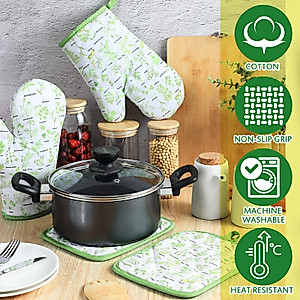 Cunhill 4 Pcs Oven Mitts and Pot Holders Set Sage Green High Heat Resistant 300 Degree Heat Spring Kitchen Cotton Oven Glove with Hanging Loops for Baking Cooking BBQ