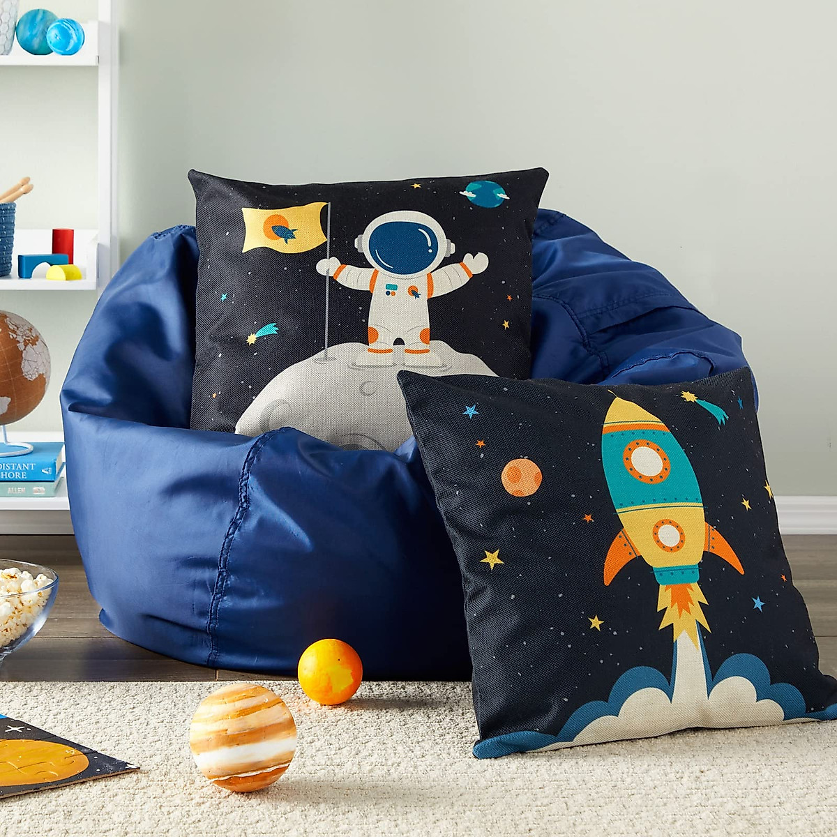 Juvale 4 Pack Spaceship Decorative Kids Throw Pillow Covers, 4 Designs, Astronaut, Rocket Ship, Galaxy Theme (18 x 18 in)