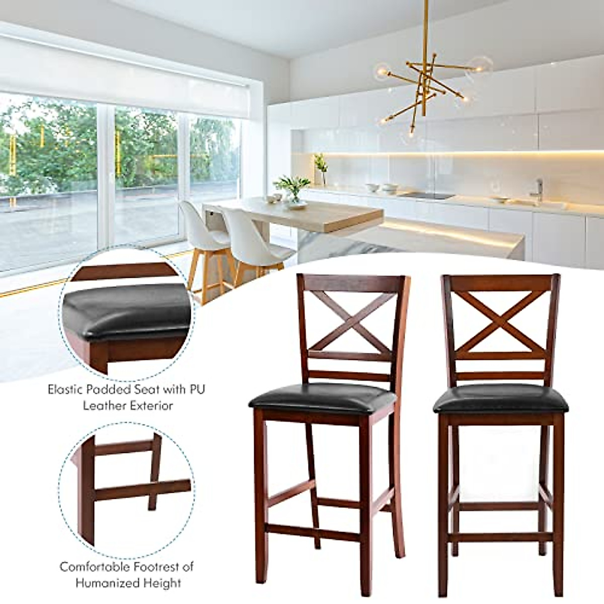 COSTWAY Bar stools Set of 4, Modern 25” Counter Height Dining Pub Stools with X-Shaped Backrest, Soft Cushion & Durable PU Seat, Simplistic Armless Kitchen Chairs for Home, Cafe Store, Restaurant (4)