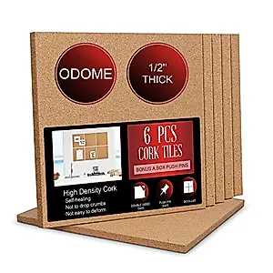 ODOME Cork Board Tiles 12”X 12” – 1/2” Thick Cork Board – Bulletin Board – Pin Board Decoration for Pictures,Ultra Strength Adhesive Backing – 6 Pieces Cork Boards for Walls – 1 Box Push Pins