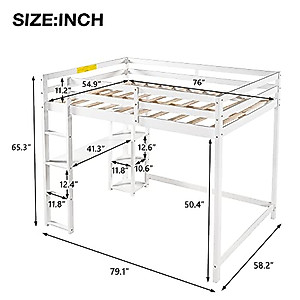 MOEO Full Size Loft Bed with Desk and Shelves, Wooden Style Bedframe for Kids, Adults, Teens,No Box Spring Needed, White