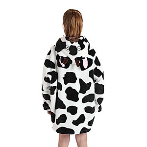 Wearable Blanket Hoodie for Kids 4-12YR Oversized Animal Hooded Blanket Super Soft Comfortable Warm Flannel Cow