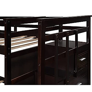 Solid Wood Twin Over Twin Bunk Bed, Trundle Bunk Beds with 4 Storage Drawers, Staircase and Safety Guard Rail, No Box Spring Needed (Espresso)