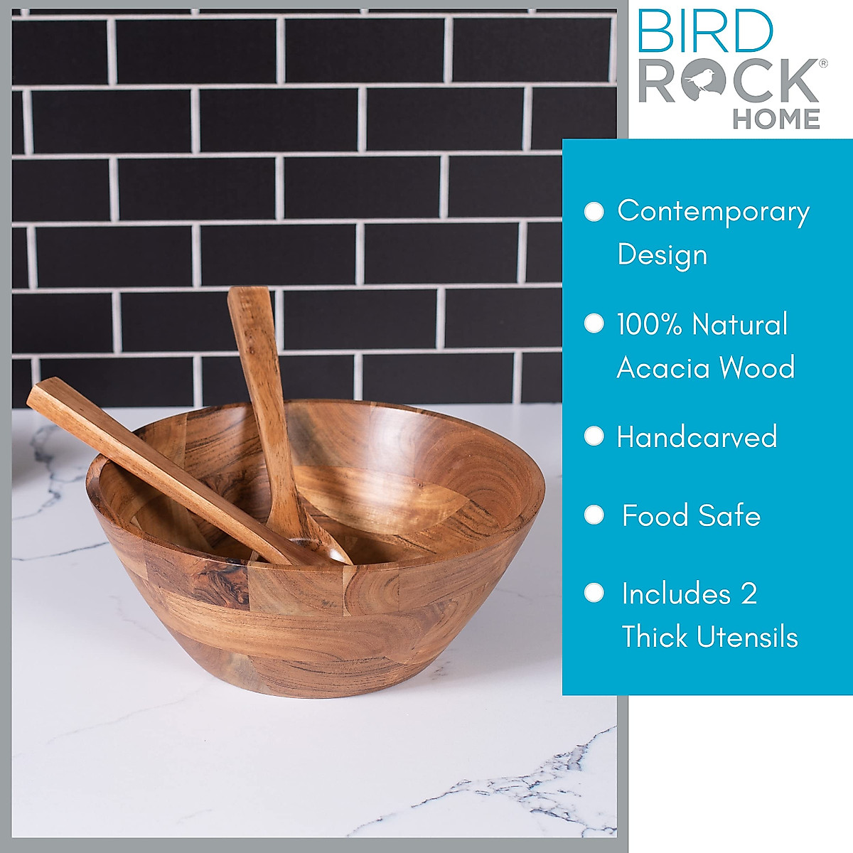 BIRDROCK HOME 3 Piece Wooden Salad Serving Bowl and Utensils | Acacia Wood Server Set | Salad, Fruit or Side Hands | Large