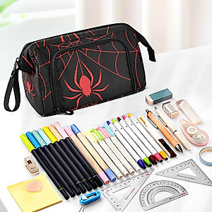 Glaphy Red Spider and Spider Web Halloween Pencil Case Large Capacity Pencil Pouch Bag Zipper Storage Stationery Bag for Office College School
