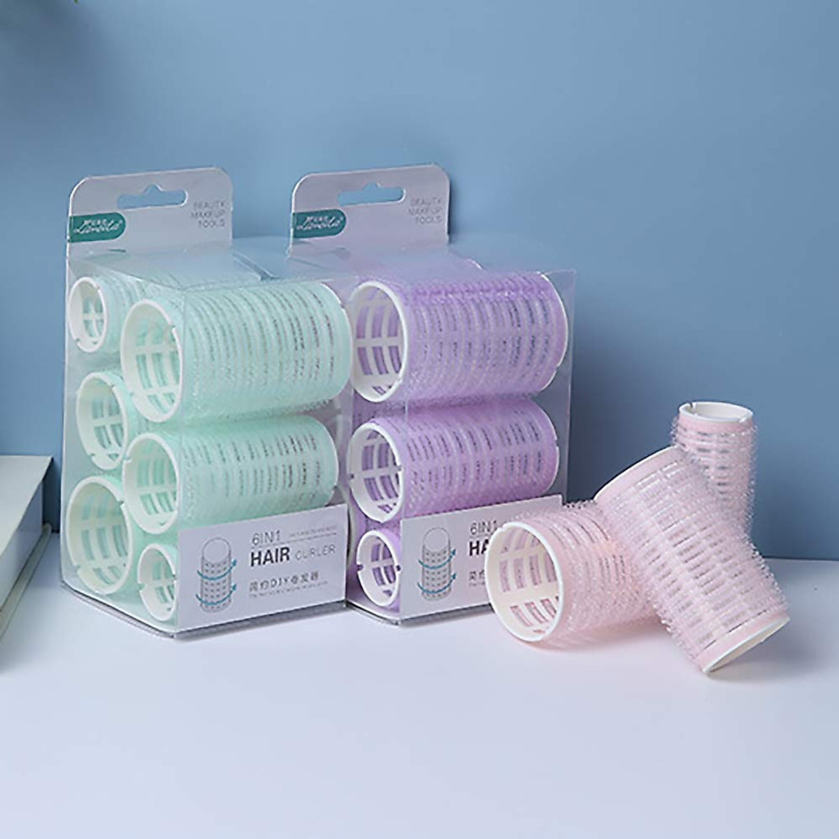 Taouwan Self Grip Hair Rollers Set,Natural Fluffy Hair Roots Hair Styling Tool, Hairdressing Curlers for Women,Large.Medium.Small 6 PCS DIY Self Grip Curlers (Cyan)