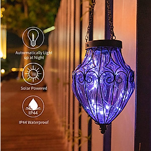 Afirst Hanging Solar Glass Lanterns - Glass Solar Lights with Hook Drop shape Handblown with 20 LED Fairy String Lights Decor for Yard Tree Fence Patio