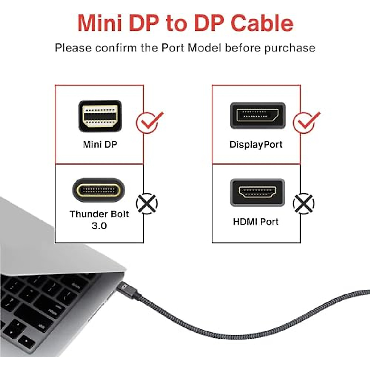 4K Mini DisplayPort to DisplayPort Cable 6.6ft, IVANKY 4K@60Hz, 2K@144Hz Mini DP to DP Cable, Aluminum Shell, Gold-Plated Braided, Thunderbolt to displayport for MacBook Air/Pro, Surface Pro and More