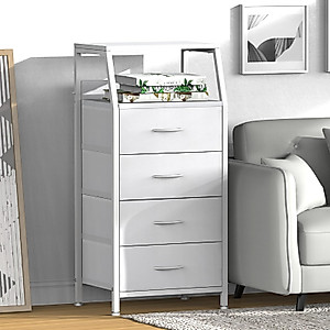 Dresser with 4 Drawers, Fabric Storage Tower for Bedroom, White Clothes Storage Drawers, Vertical Closet Organizer for Kids Room, Entryway, Nightstand Bedside Table, Sturdy Steel Frame & Wooden Top