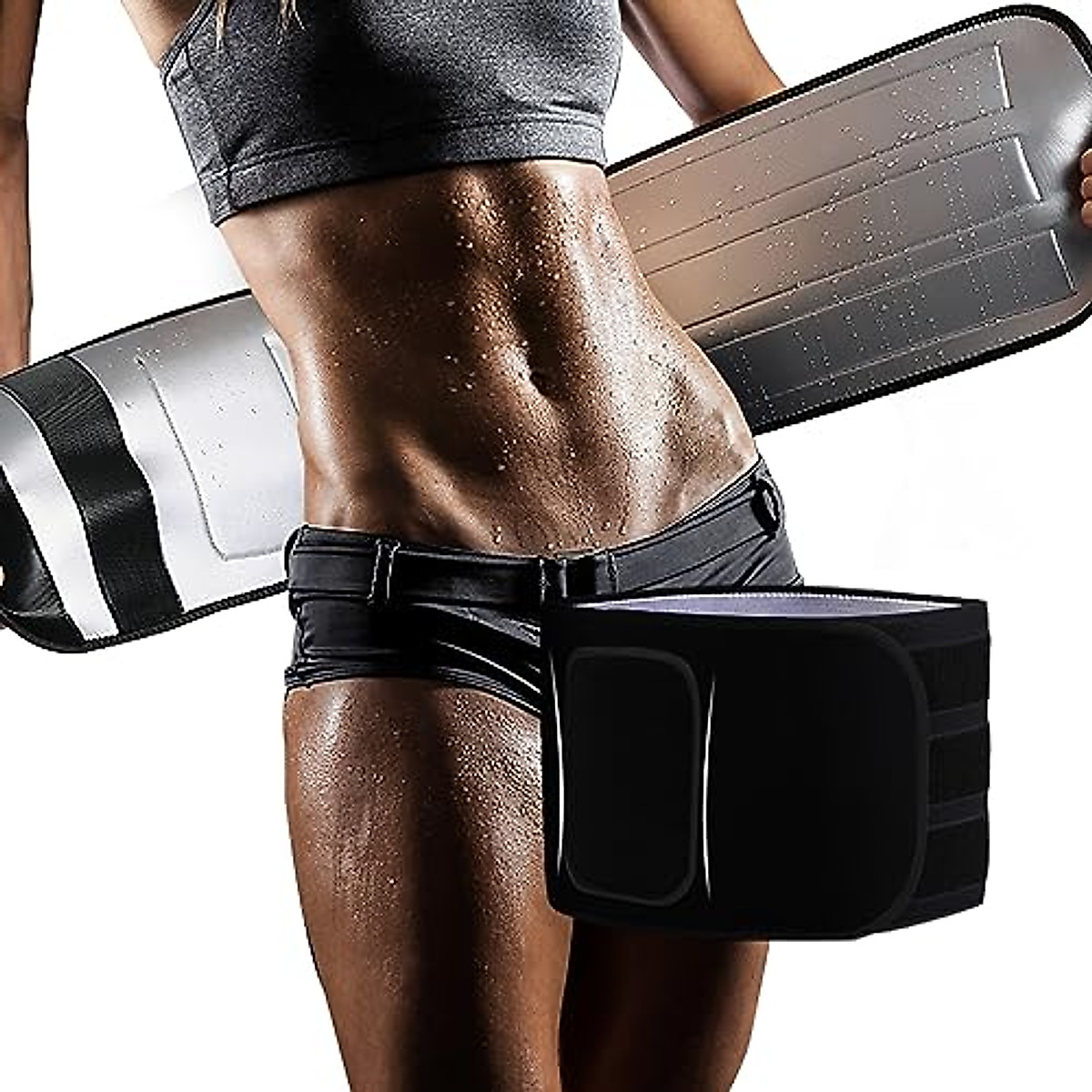 Nano Silver Tech Waist Trainers for Women Belly Fat, Men’s Waist Trimmer Belt and Sweat Band with 3 Strong Adjustable Velcro Straps, Storage Pocket, Reduce Belly Fat and Waistline, Black (Large)