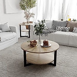 33.5" Round Coffee Table with 2-Tier Storage, Farmhouse Living Room Cocktail Table with Black Metal Leg, Solid Wood Industrial Sofa Center Table,Easy Assembly, Rustic Natural KFZ1338
