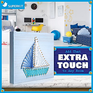 Superkit Boat String Art Kit: Complete 3D Wood DIY Art Craft Set, Marked Holes, 3 Colored Skeins, Screws, Screwdriver, Paints, Foam Brush, Ages 7+