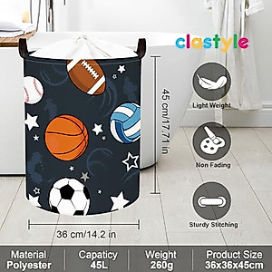 Clastyle 45L Waterproof Sports Laundry Basket with Drawstring Collapsible Football Basketball Storage Laundry Hamper for Bedroom, 14.2 * 17.7 in