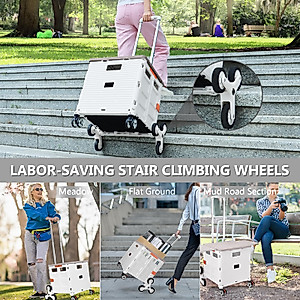 Foldable Utility Cart with Stair Climbing Wheels,Collapsible Rolling Crate with Magnetic Lid Telescopic Cover,Telescoping Handle,360° Rotate Wheel Hand Cart for Teacher Shopping Moving(Milky White)