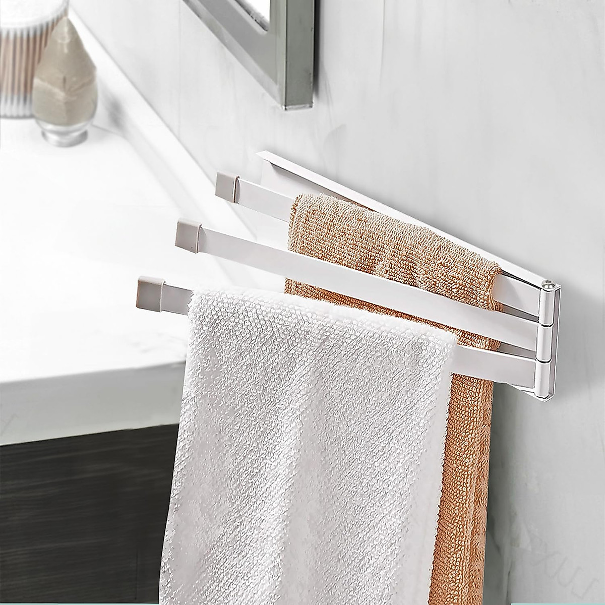 Foldably 180° Rotating 3-Arm Towel Multipurpose Rack - No Nail, Stick with Glue (Included) - Non-Slip, Waterproof & Made of Iron - Maximize Storage in Bathroom, Bedroom, Kitchen (White)
