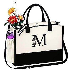 AUNOOL Birthday Gifts for Women Mom - M Monogrammed Tote Bag with Zipper Pocket, Personalized Beach Canvas Bag for Women, Bridesmaid Bridal Shower Gifts Graduation Gifts for Girls, Christmas Gift Bag