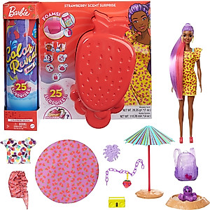 Barbie Color Reveal Foam! Doll & Pet Friend with 25 Surprises: Scented Bubble Solution, Outfits, Hair Extension, Accessories, Kid Bracelet & Charm Hidden in Sand; Sunny Strawberry-Theme