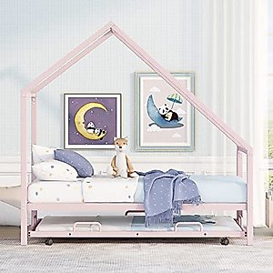 LCH House Bed, Full-Twin Size Metal House Bed with Trundle for Bedroom,Guest Room,Cute House-Shape Bed for Toddlers,Kids,Girls and Boys,Noise Free,Easy to Assemble,No Box Spring Needed,Pink