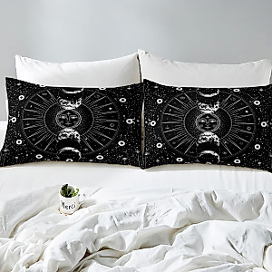 Manfei Sun Moon Comforter Cover Set Stars Space Psychedelic Duvet Cover Black and White Bedding Set 3pcs for Kids Boys Teens Microfiber Bedspread Cover with 2 Pillow Cases(No Comforter) Full Size