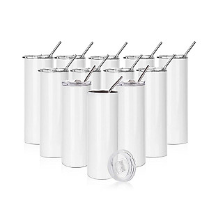 PYD Life 12 Pack Sublimation Tumblers Blanks Skinny White 20 OZ Straight Bulk Stainless Steel Tumbler with Metal Straw and Lid for Tumbler Heat Press Machine Sublimation Print