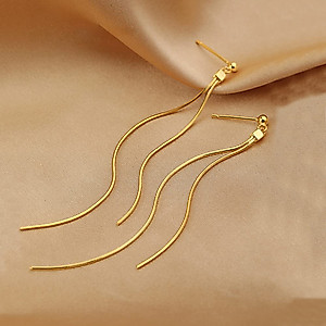 Reffeer Solid 925 Sterling Silver Tassel Chain Dangle Earrings for Women Teen Girls Long Dangle Drop Earrings Minimalist (B-18K Gold)