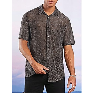 WDIRARA Men's Contrast Glitter Button Front Shirt Stand Collar Shirt Short Sleeve Tops Black XL