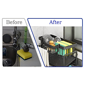 iBigLY Sponge Holder Kitchen Sink Caddy Organizer, 304 Stainless Steel Kitchen Soap Dispenser Caddy Organizer with Auto Drain Tray, Sink Rack for Kitchen & Bathroom Holding Sponge and Towel