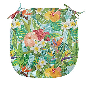 Lunarable Leaf Chair Seating Cushion Set of 6, Vintage Cartoon Style Image of Hawaiian Flowers Crepe Gingers, Anti-Slip Seat Padding for Kitchen & Patio, 16"x16", Fern Green Pale Blue