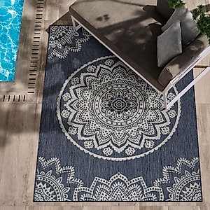 CAMILSON Outdoor Rug - Modern Area Rugs for Indoor and Outdoor patios, Kitchen and Hallway mats - Washable Outside Carpet (5x7, Medallion - Blue/White)