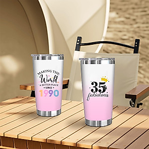 35th 1990 Birthday Gifts for Women, 35 Year Old Birthday Cups Gifts for Her, 35th Birthday Decorations for Woman, Cool 35 Gift for Women Turning 35, 35 and Fabulous 20 OZ Stainless Steel Tumbler