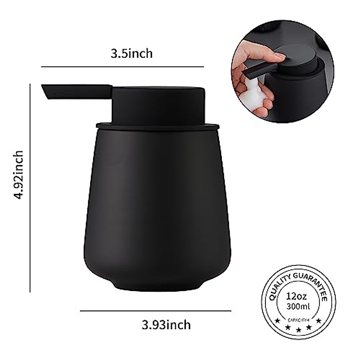 Soap Dispenser, 12oz Foam Hand Soap Dispenser with Pump Rounded Bottom Porcelain Hand Liquid Dispenser, Black Pump Dish Liquid Dispenser for Kitchen, Bathroom(Rubber Paint)