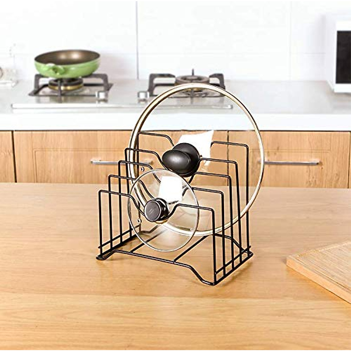 Stainless Iron Cutting Board Holder, Cutting Board Storage Organizer , Pot Lid Rack Organizer Kitchen Cabinet Rack Storage with 4 Sectional (Black)