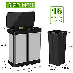 Kitchen Trash Can 16 Gallon/ 60L Stainless Steel Trash Can with Lid & Double Barrel, High-Capacity Step Garbage Can Classified Recycle Rubbish Bin for Bathroom Bedroom Home Office