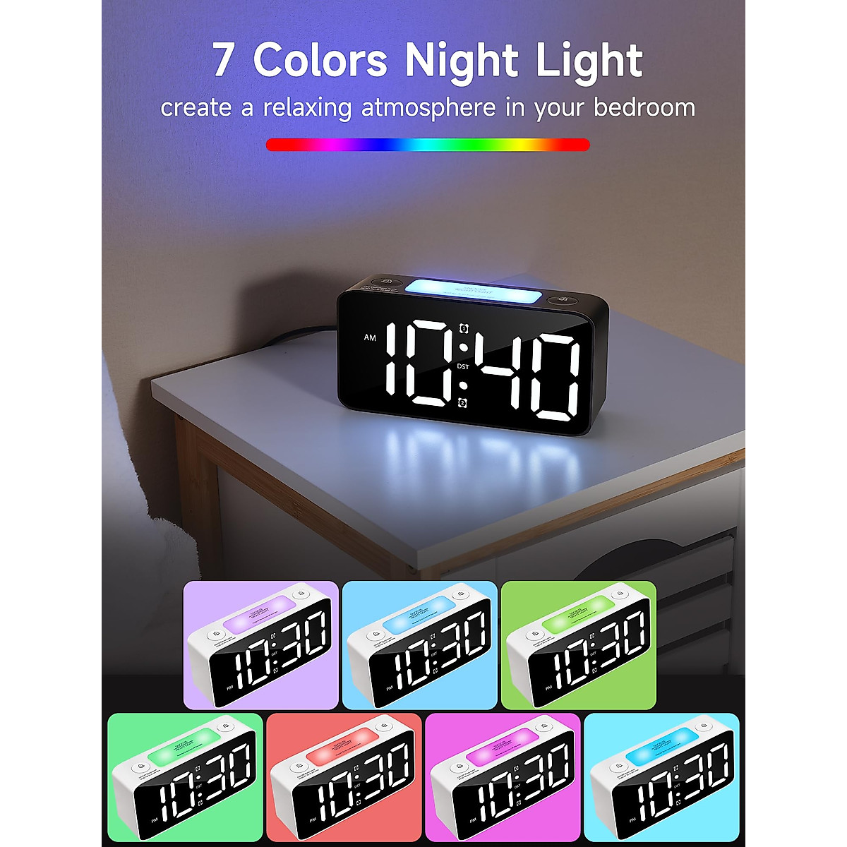 Cadmos Super Loud Alarm Clock for Heavy Sleepers Adults,Digital Clock with 7 Color NightLight,Adjustable Volume,USB Charger,Small Clocks for Bedrooms,Ok to Wake Up for Kids,Teens (White+RGB)