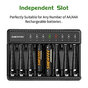 Shentec 4 Packs 2500mAh Rechargeable AA Batteries and 4 Packs 1000mAh Rechargeable AAA Batteries with Smart 8 BayAAA AA Battery Charger (USB Fast Charging, Independent Slot)