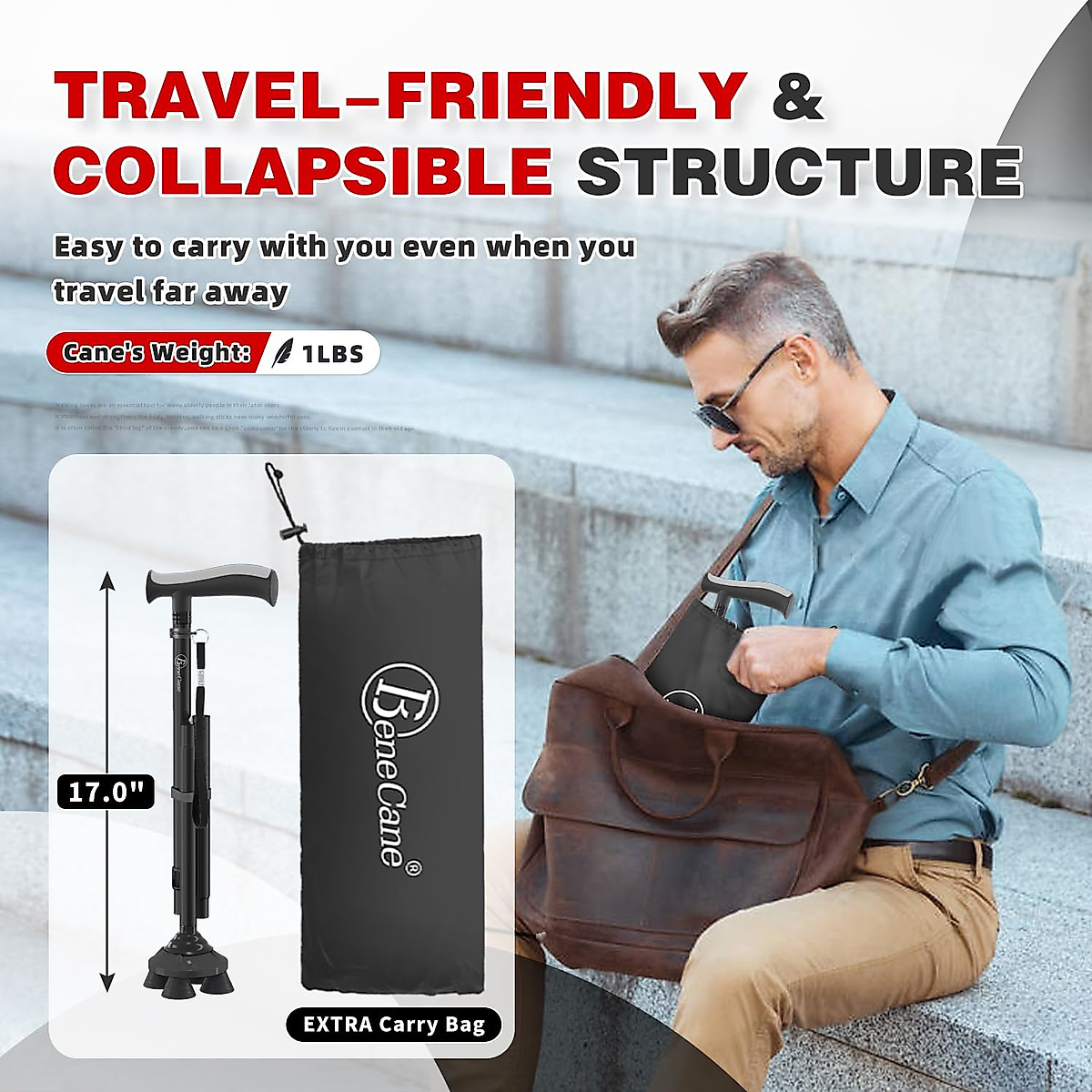 BeneCane Walking Cane for Men & Women Walking Stick for Seniors Folding Canes Quad Cane Adjustable Lightweight Sturdy Collapsible Heavy Duty with Soft TPR T-Handle and Travel Bag