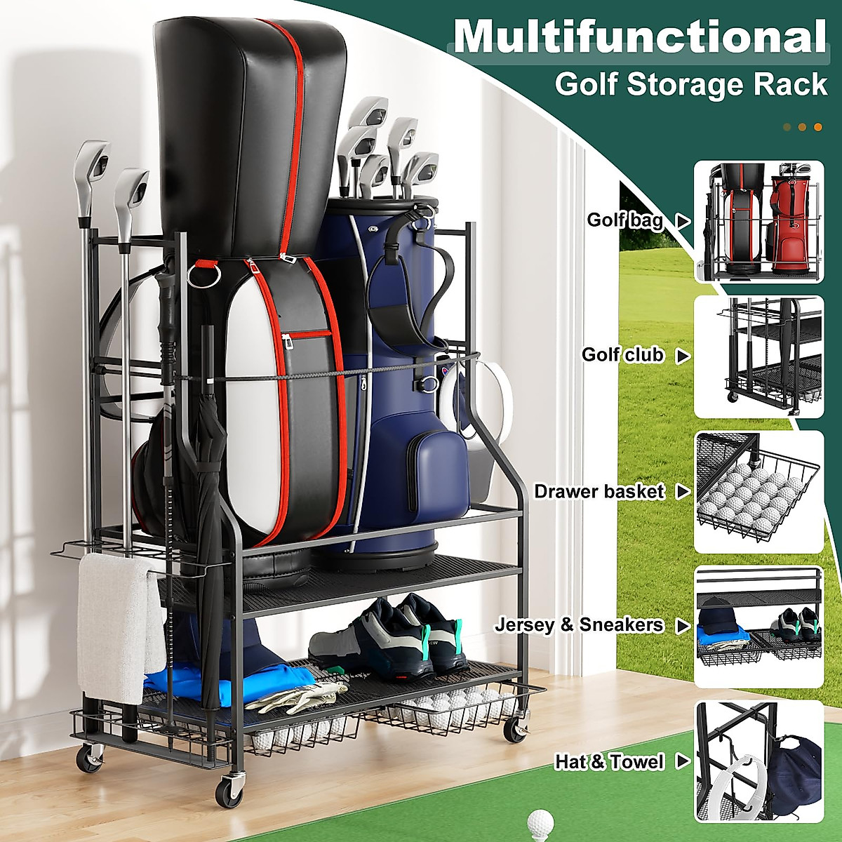 VOPEAK Golf Bag Organizer, Golf Bag Stand for Two Bags, Golf Organizer for Golf Clubs, Golf Balls, Golf Equipment Accessories