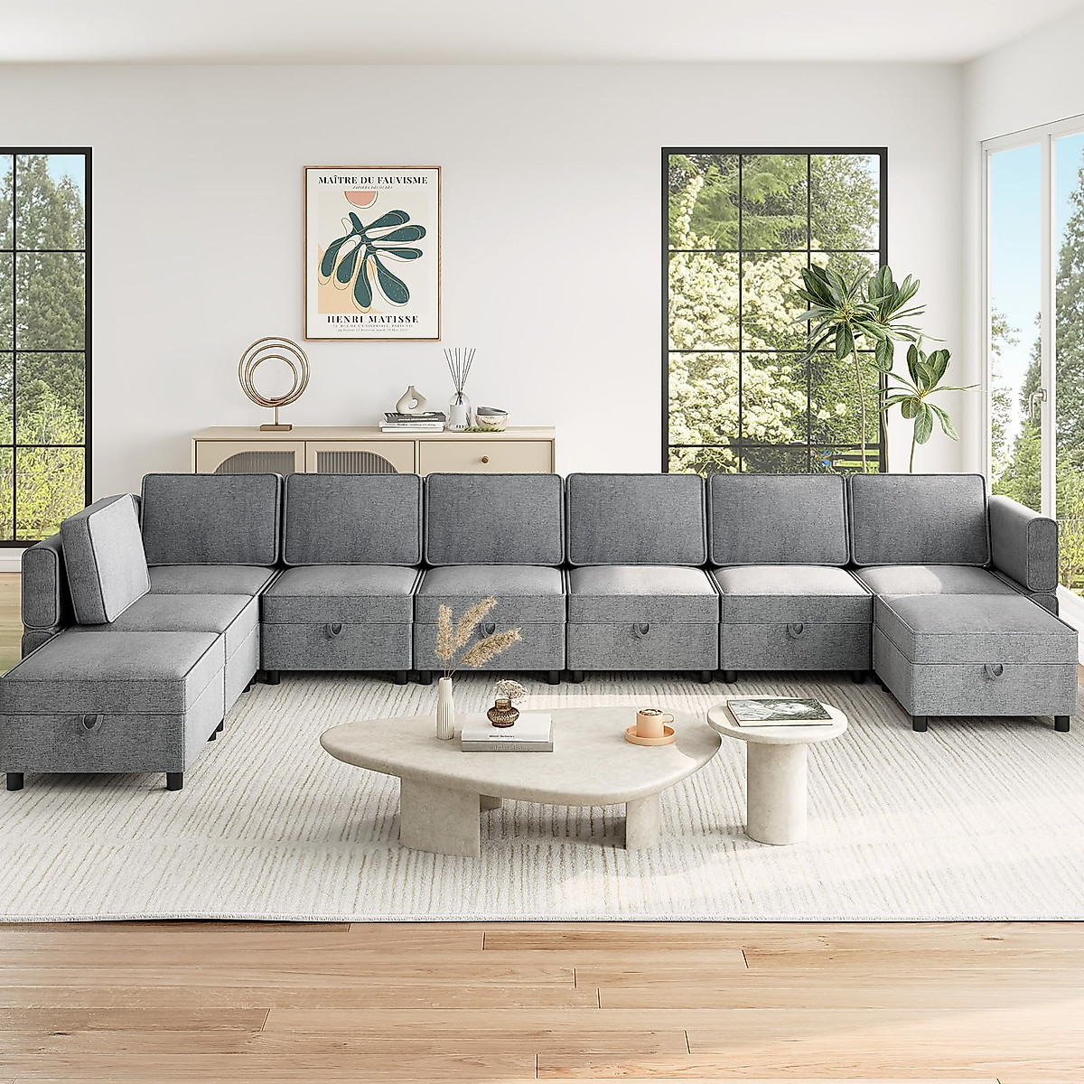 GAOMON 139.4" Chenille Reversible Sectional Sofa, 9-Seater Modular Sectional Sofa, Comfy Sectional Sleeper Sofa Couch with Chaise, U-Shape Modular Couch with Storage Seats & Ottomans, Grey