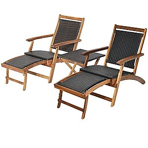 HAPPYGRILL Patio Lounge Chair Set of 3, Outdoor Acacia Wood Rattan Wicker Chaise Lounge w/Side Table, Deck Chair w/Armrest & Retractable Ottoman, for Backyard, Poolside
