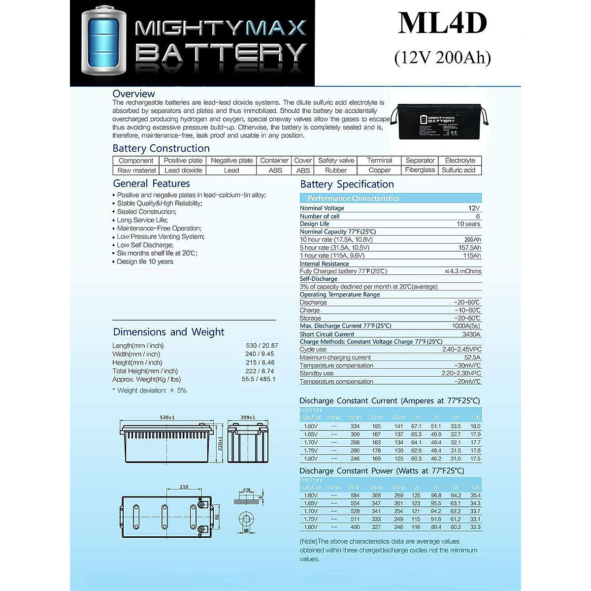 Mighty Max Battery 12V 200Ah 4D Replaces Caterpillar Articulated Dump Trucks - 4 Pack