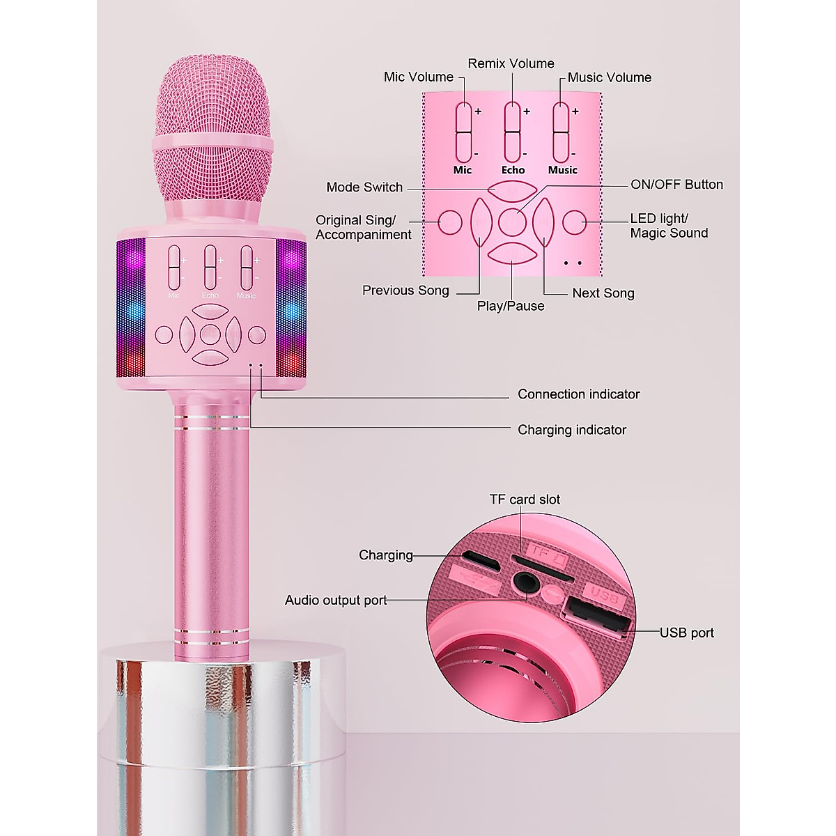Ankuka Karaoke Microphone for Kids, Portable 4 in 1 Bluetooth Karaoke Microphone with LED Lights, Christmas Home, Birthday Party Toys Gifts for Girls, Boys and Adults(Pinkcolor)