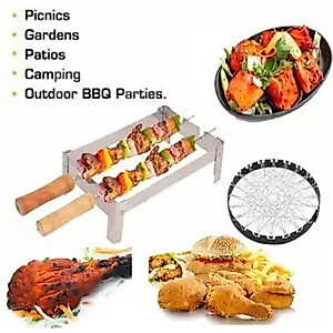 GEICO-MASTER Nano Portable Folding Outdoor Barbeque Charcoal & Gas BBQ Grill Oven GI Steel + 2 Nos of BBQ Still Needles with Wooden Handle(Kitchen Tools/Chhota Tandoor Stand)