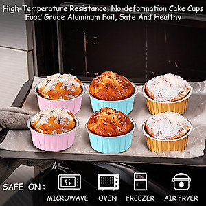 150 Pcs Cupcake Liners with Lids 5 oz Aluminum Foil Cupcake Baking Cups Disposable Ramekins Muffin Cups Mini Aluminum Pans with Lids Cupcake Holder for Creme Brulee or Cupcake(Gold Silver Pink Blue)