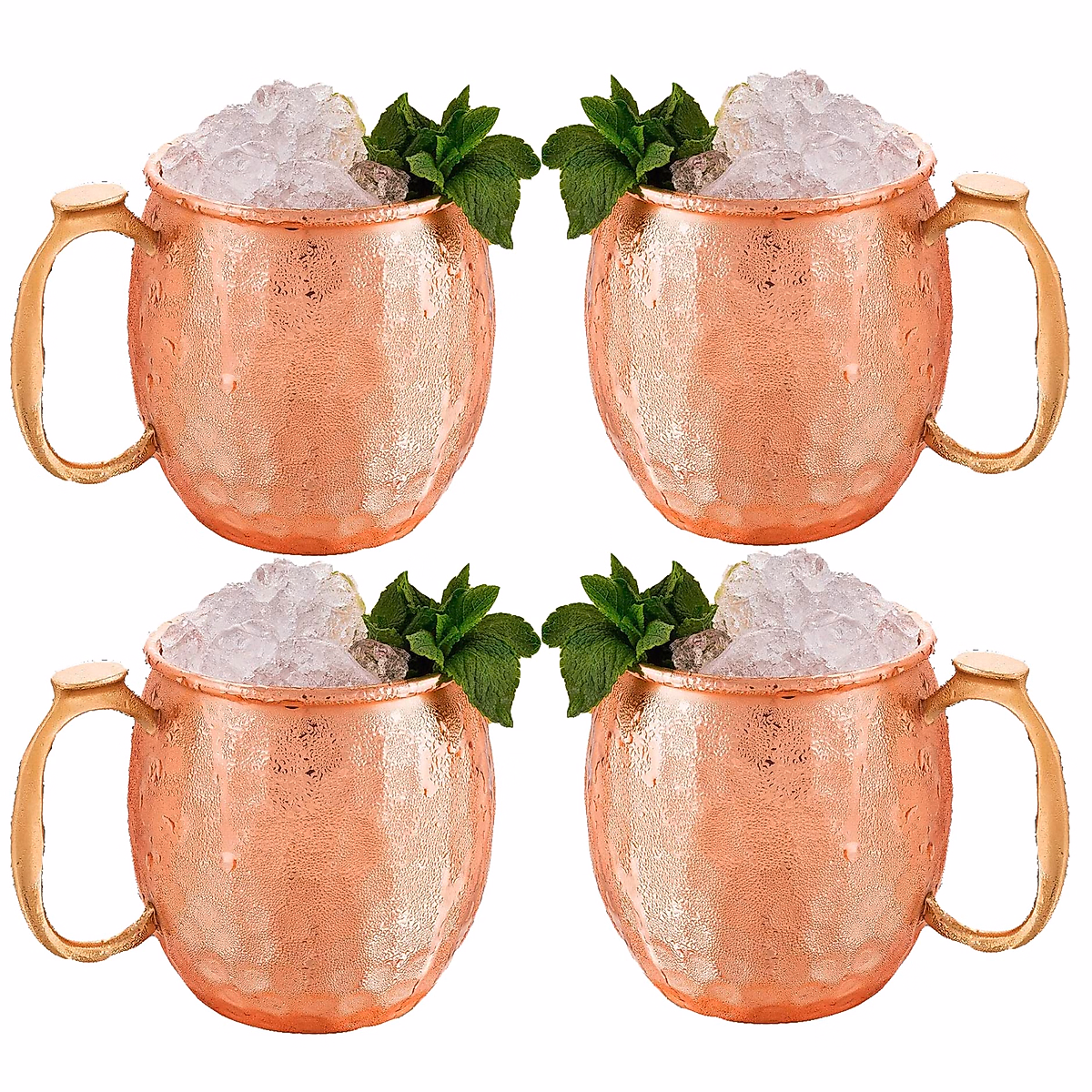 Moscow Mule Mugs | Thumb Rest Gold Brass Handles | Large Size 19 ounces | Set of 4 Hammered Cups | Stainless Steel Lining | Pure Copper Plating | Gift Set