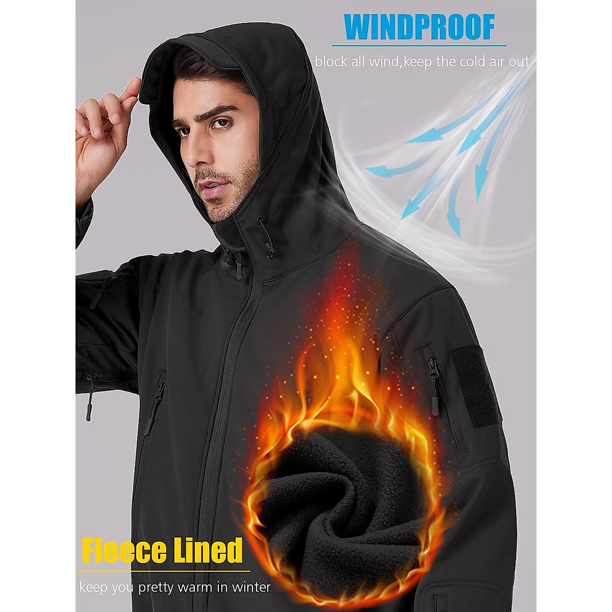 ReFire Gear Men's Army Special Ops Military Tactical Jacket Softshell Fleece Hooded Outdoor Coat, Black, US Large which is equal to Asian XL