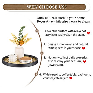 Hanobe Round Decorative Coffee Tray: Coffee Table Trays Decor Circle Rattan Tray with Black Wooden Frame for Storage & Display Serving Tray for Counter Living Room Dresser Makeups